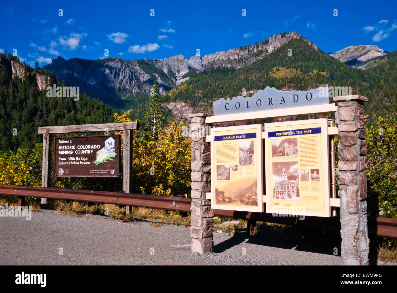 Mining district interpretive sigsn above Ouray, Colorado Stock Photo ...