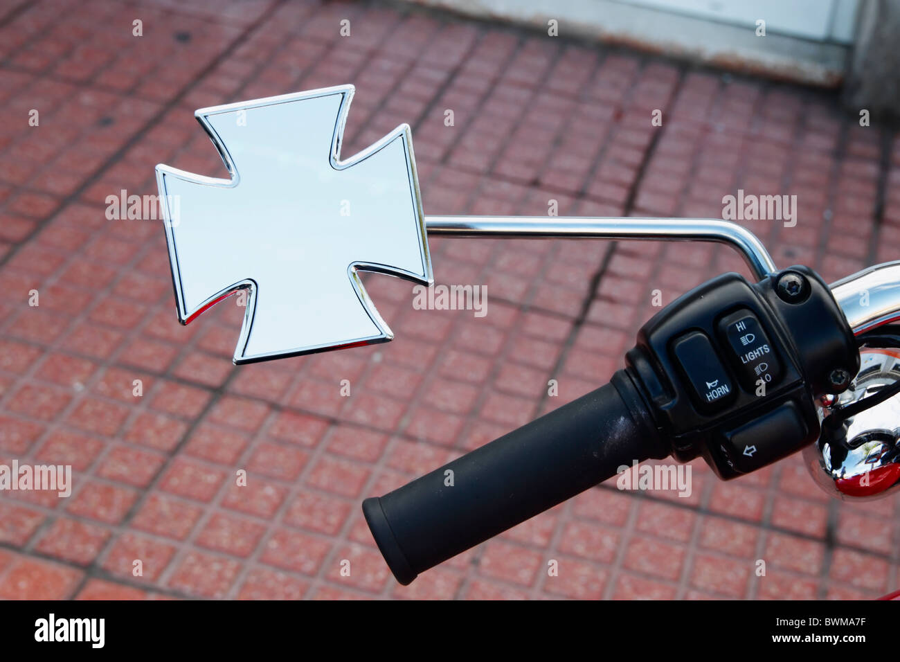 German cross shaped mirror on motorcycle in Spain Stock Photo - Alamy