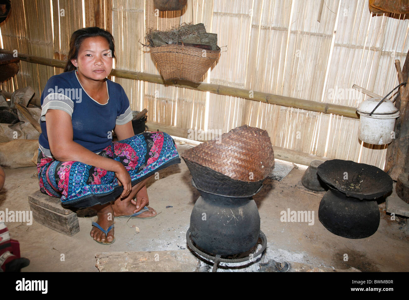 Laos Asia Miao Minority Hmong people Village Hut Woman Cooking ...