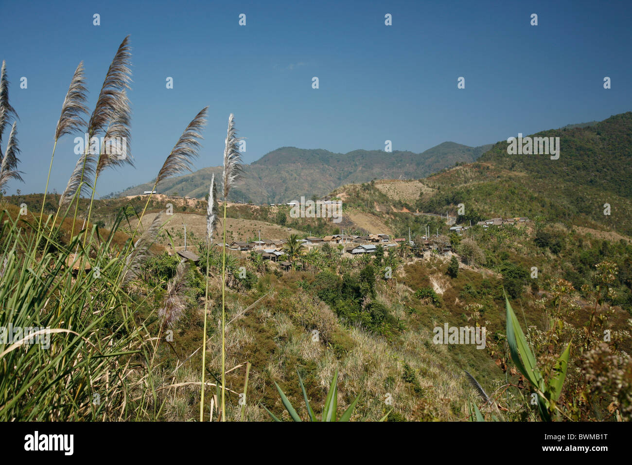 Laos Asia Xieng Khouang Province Landscape Village Mountains Huts ...