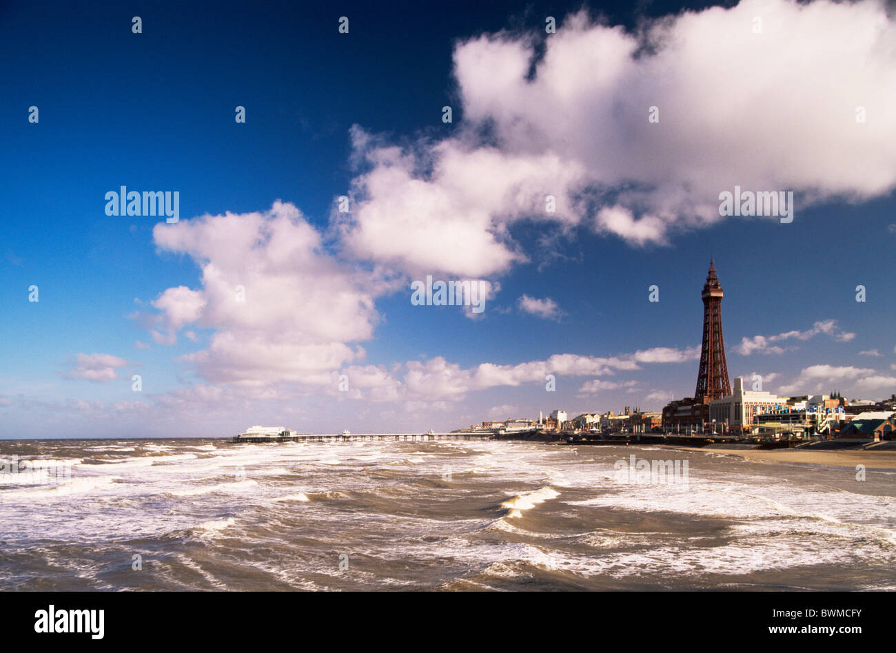 UK England Europe Lancashire Blackpool Blackpool Tower Seafront Stormy ...