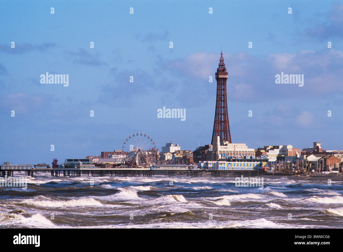 UK England Europe Lancashire Blackpool Blackpool Tower Seafront Stormy ...