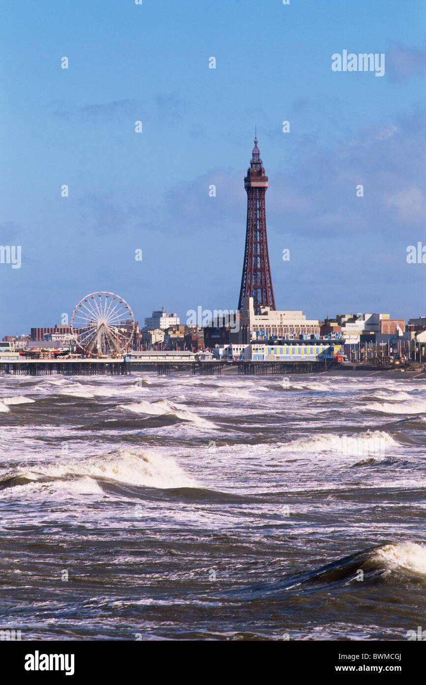 UK England Europe Lancashire Blackpool Blackpool Tower Seafront Stormy ...