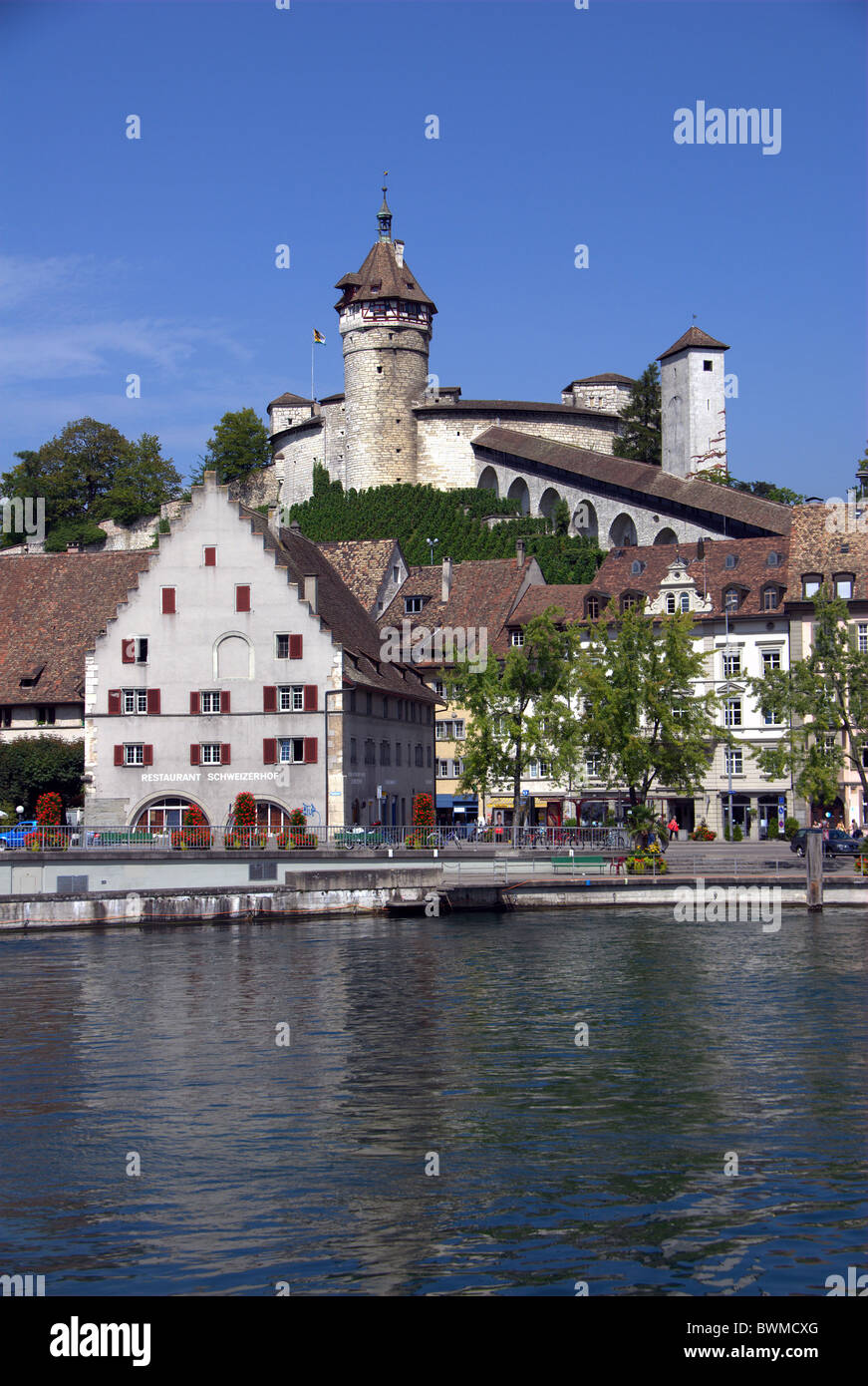 Switzerland Europe town Schaffhausen Old Town Rhine river flow Munot ...
