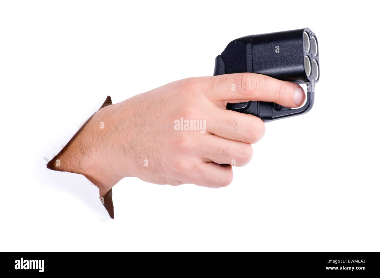 object on white - hand with traumatic gun Stock Photo - Alamy