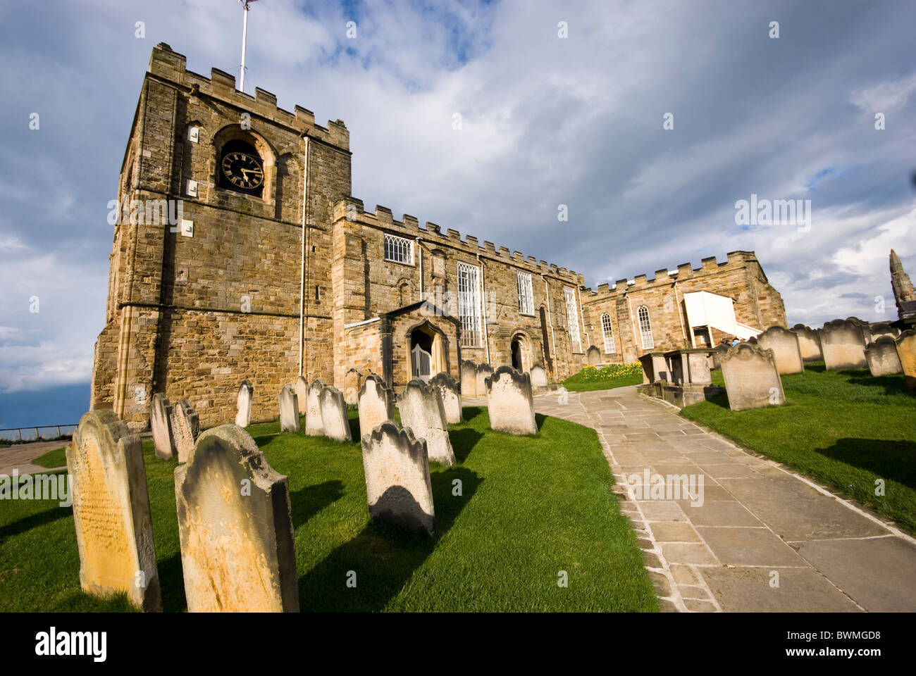 St Mary's Church, Whitby Abbey, Yorkshire, England, lit by the evening ...