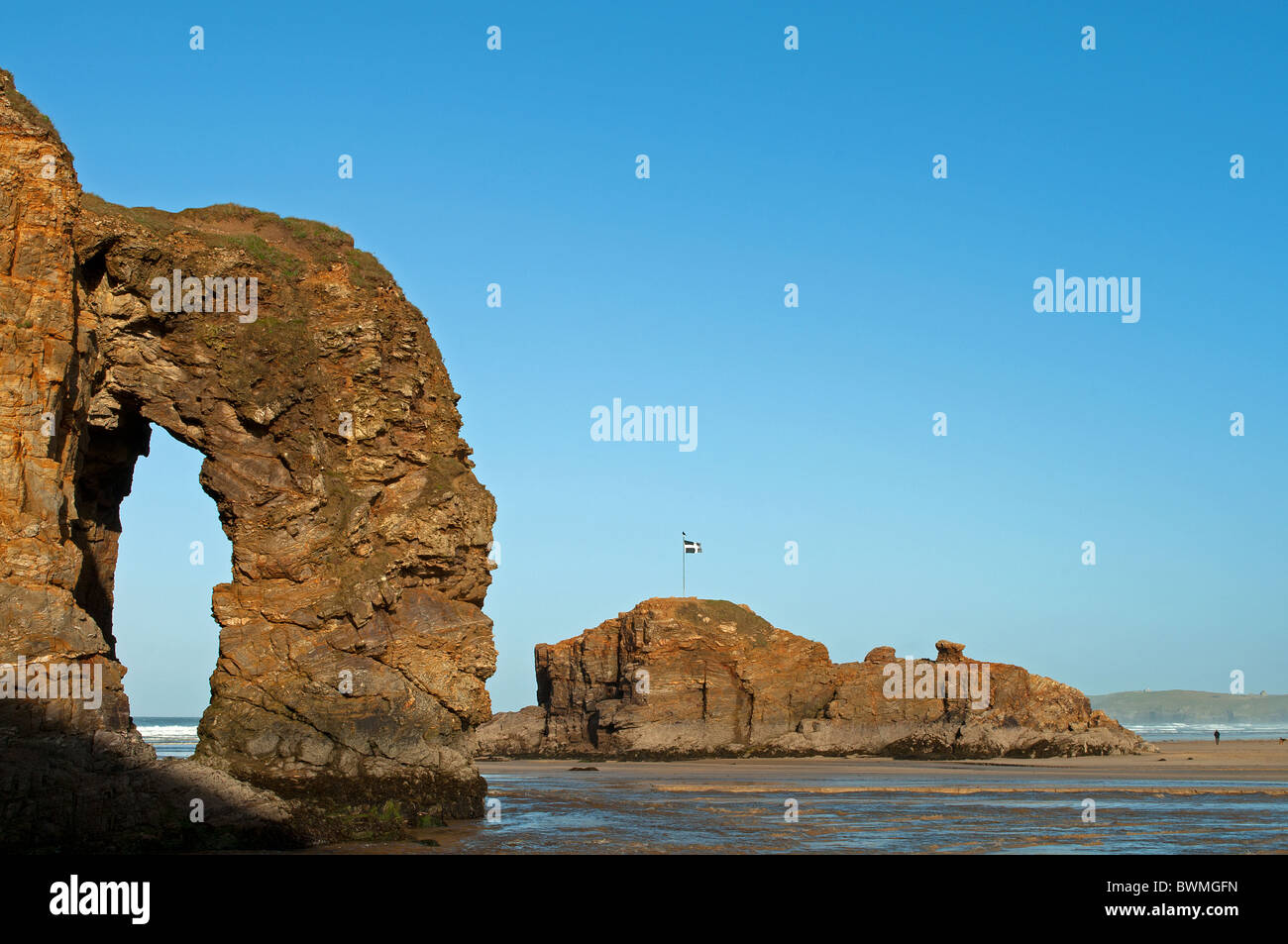 rock formations on the beach at Perranporth in Cornwall, UK Stock Photo ...