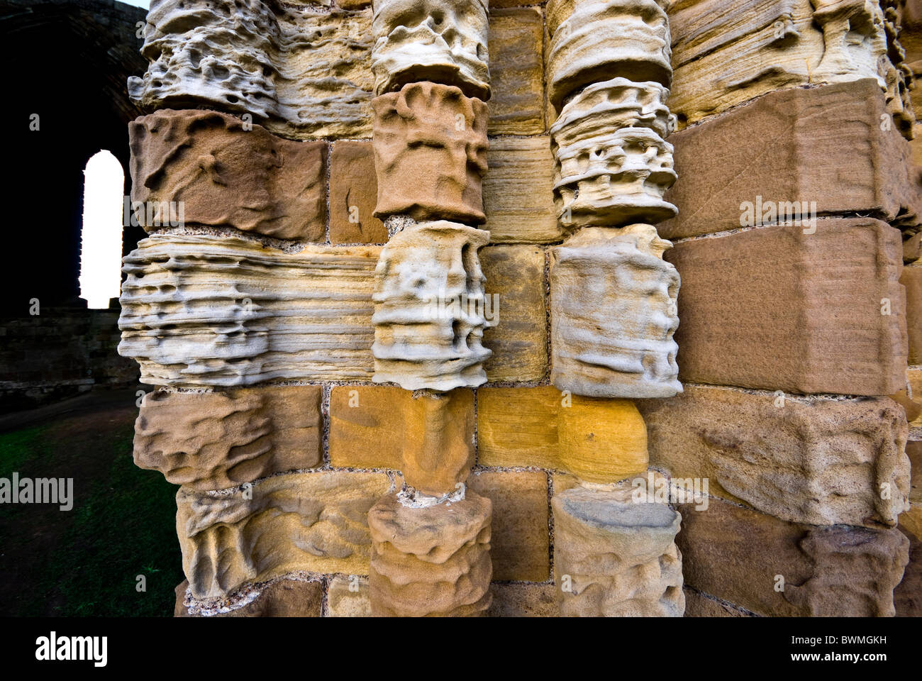 Detail of eroded stone column from Whitby Abbey, Yorkshire, England ...