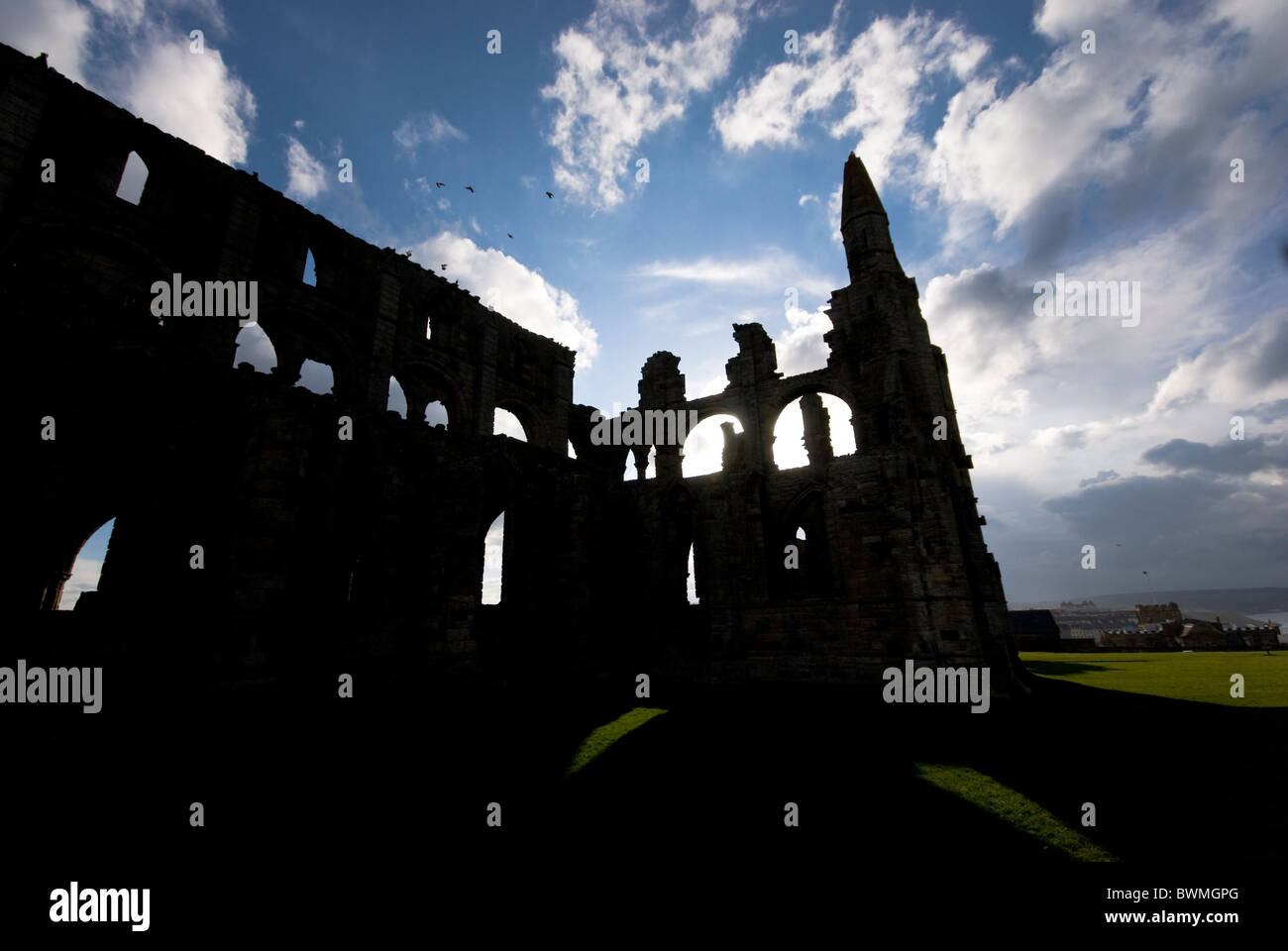 Silhouette of Whitby Abbey, Yorkshire, England, lit by the evening sun ...