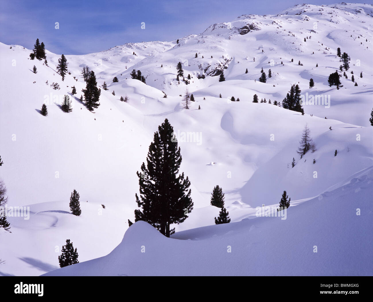 Mountainous snow-covered alpine winter landscape with interspersed ...