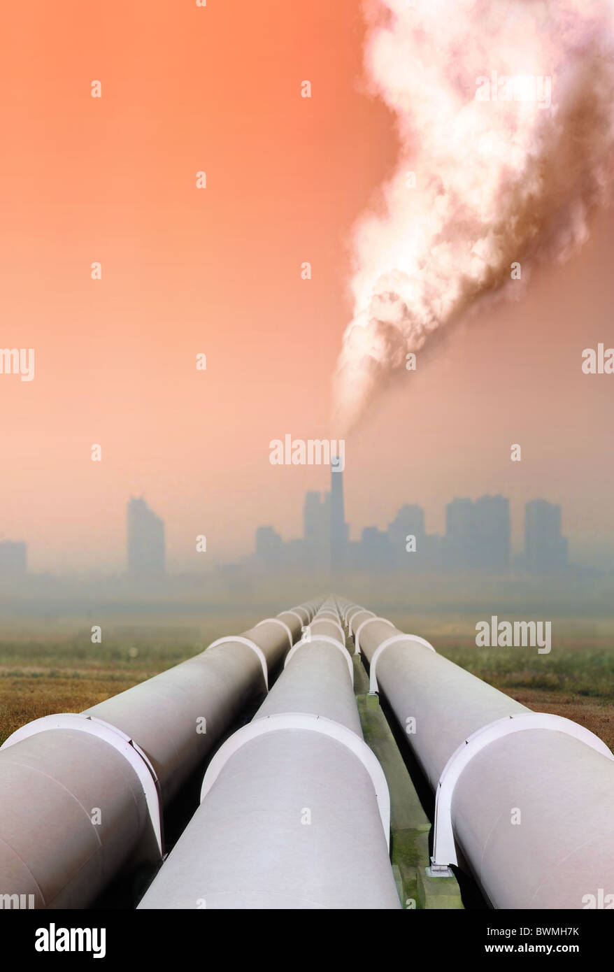 gas pipe line and atmospheric air pollution from factory Stock Photo ...