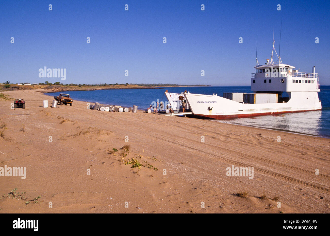 Barge visiting remote island community, Australia Stock Photo - Alamy