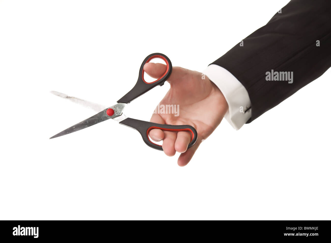 Man holding scissors on white isolated background Stock Photo - Alamy