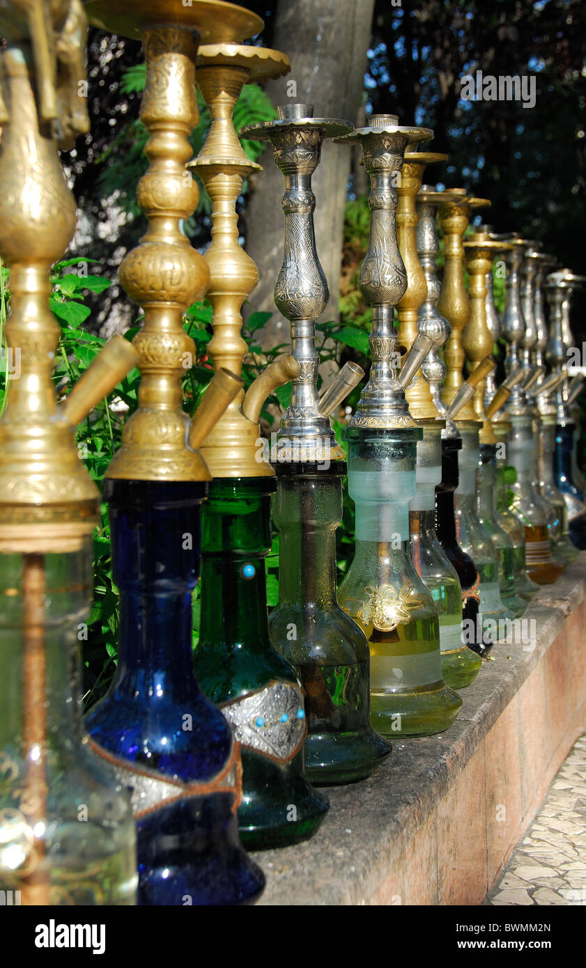 ISTANBUL, TURKEY. A row of narghiles (water pipes) outside a cafe in ...