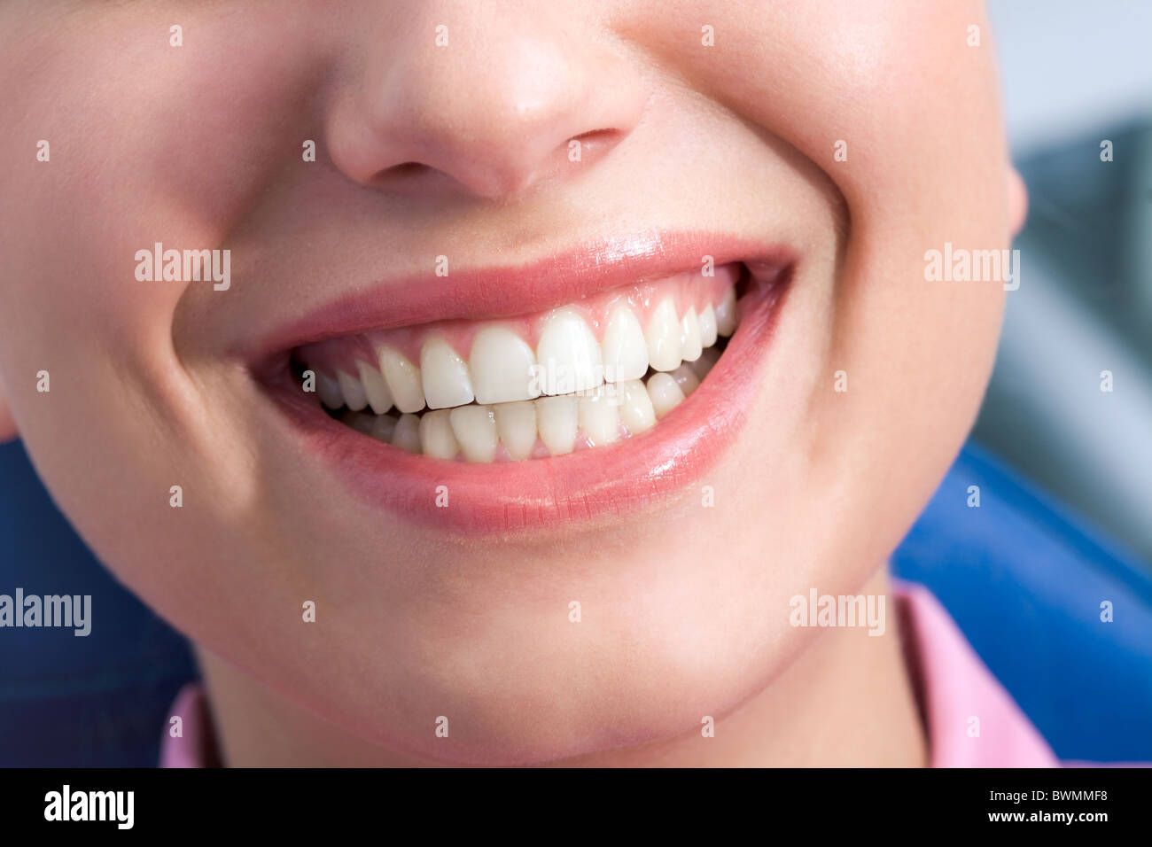 Close-up of happy female showing her healthy teeth in smile Stock Photo ...