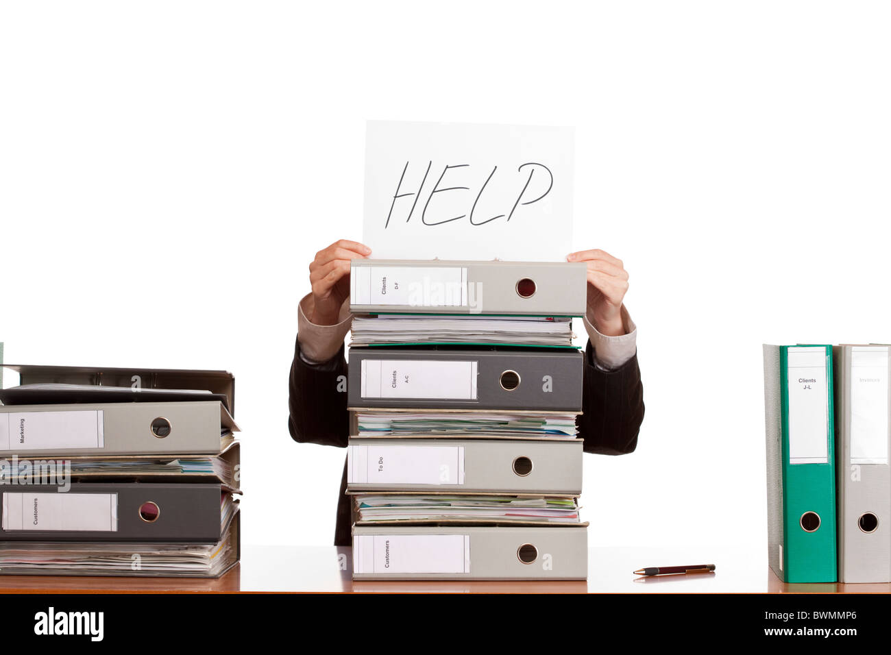 Business woman needs help to manage work. Isolated on white background ...
