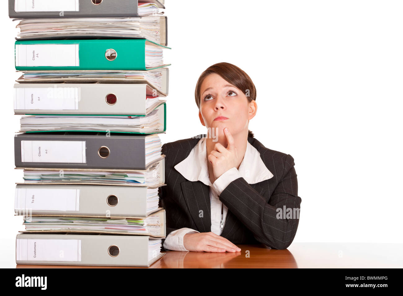 Business woman thinks about solving problem with folder stack. Isolated ...