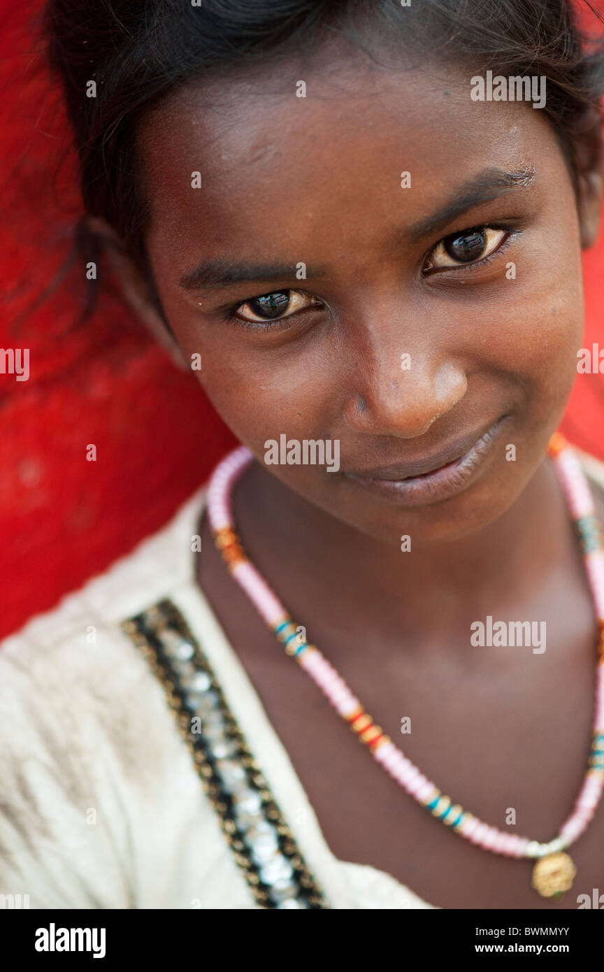 Smiling happy lower caste Indian village girl daydreaming. Andhra ...