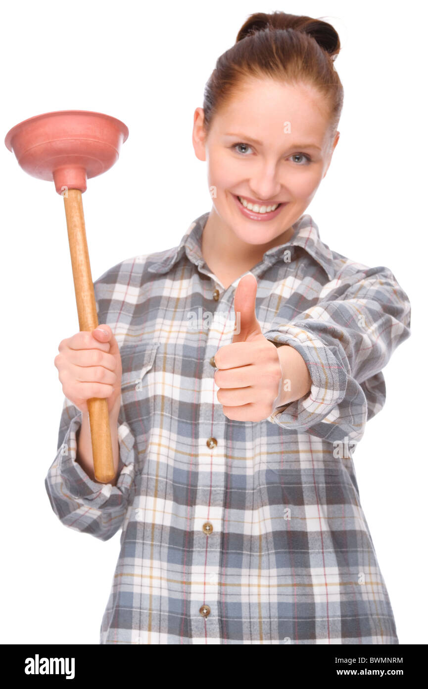 Full isolated studio picture from a young woman with plunger Stock ...