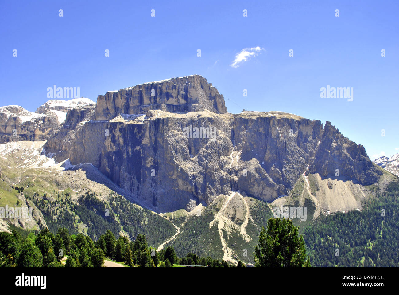 Aerial view of Canazei and Fassa valley with Saas Pordoi mount (Sella ...