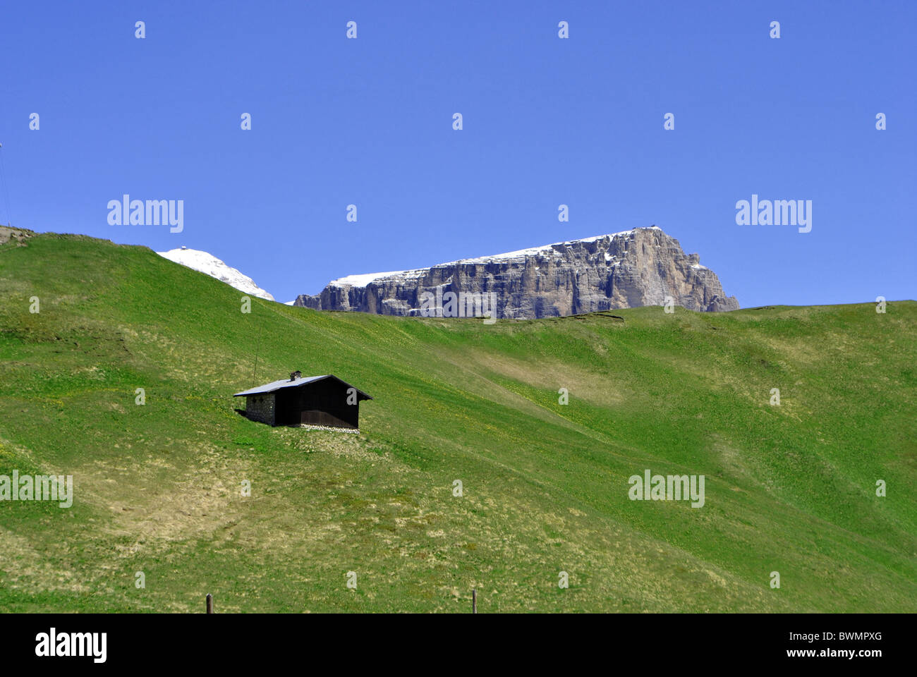 Aerial view of Canazei and Fassa valley with Saas Pordoi mount (Sella ...