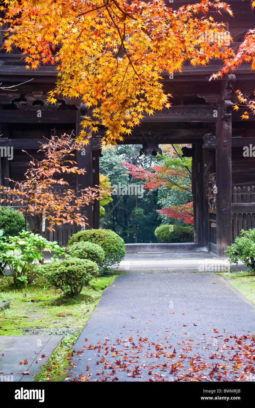A walkway leading to an exit at a Japanese temple surrounded by ...