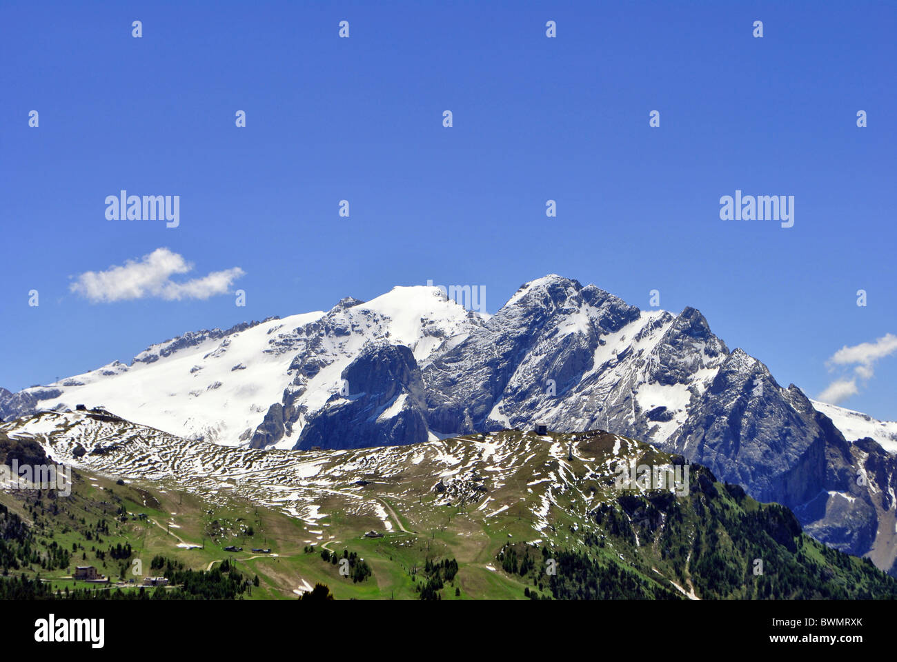 Aerial view of Canazei and Fassa valley with Saas Pordoi mount (Sella ...