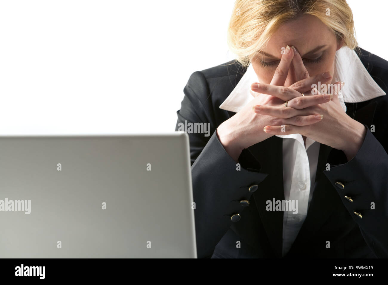 Photo of depressed female being worried by problems in business Stock ...