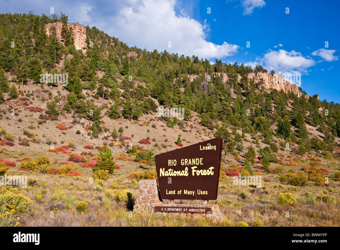 National Forest sign under the Rio Grande Palisades (Highway 149), Rio ...