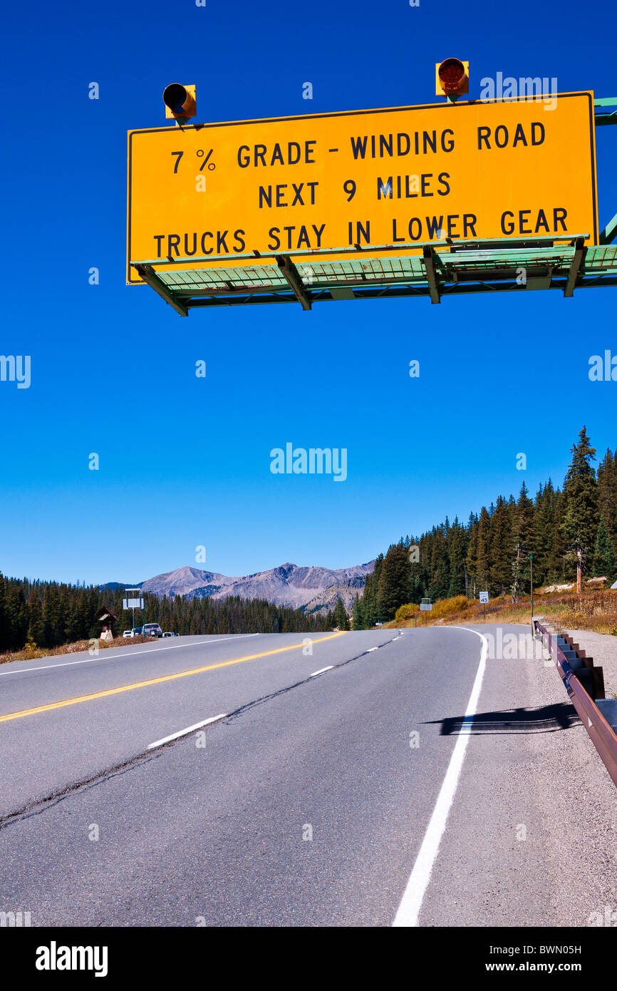 Steep grade warning sign on Wolfe Creek Pass, Rio Grande National ...