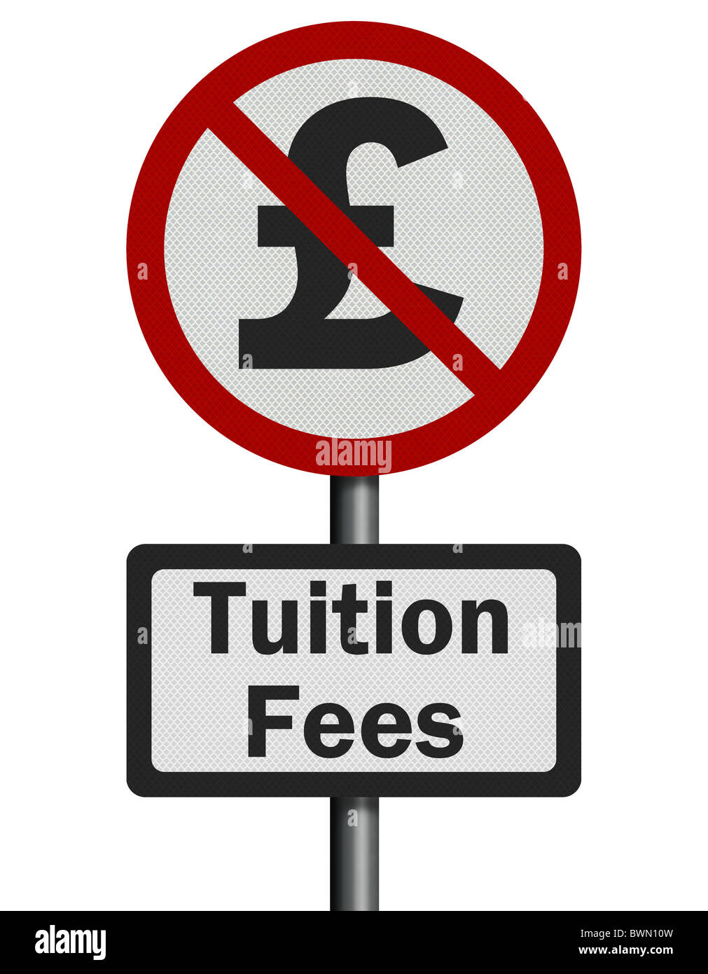 Photo realistic reflective metallic 'no tuition fees' sign, isolated on ...