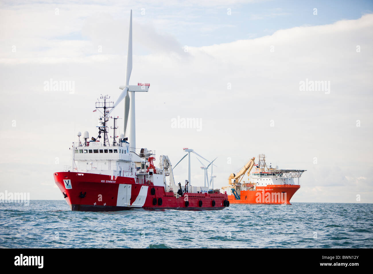 Working on installing the Walney 1 offshore wind farm off Barrow in ...