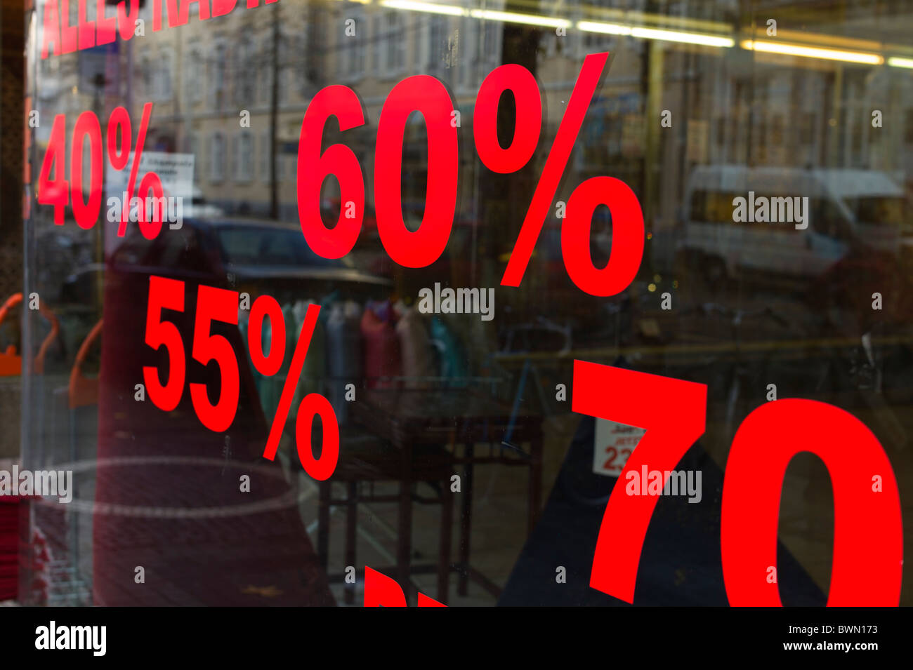 Discount signs in a shop window Karlsruhe Baden Wuerttemberg Germany ...