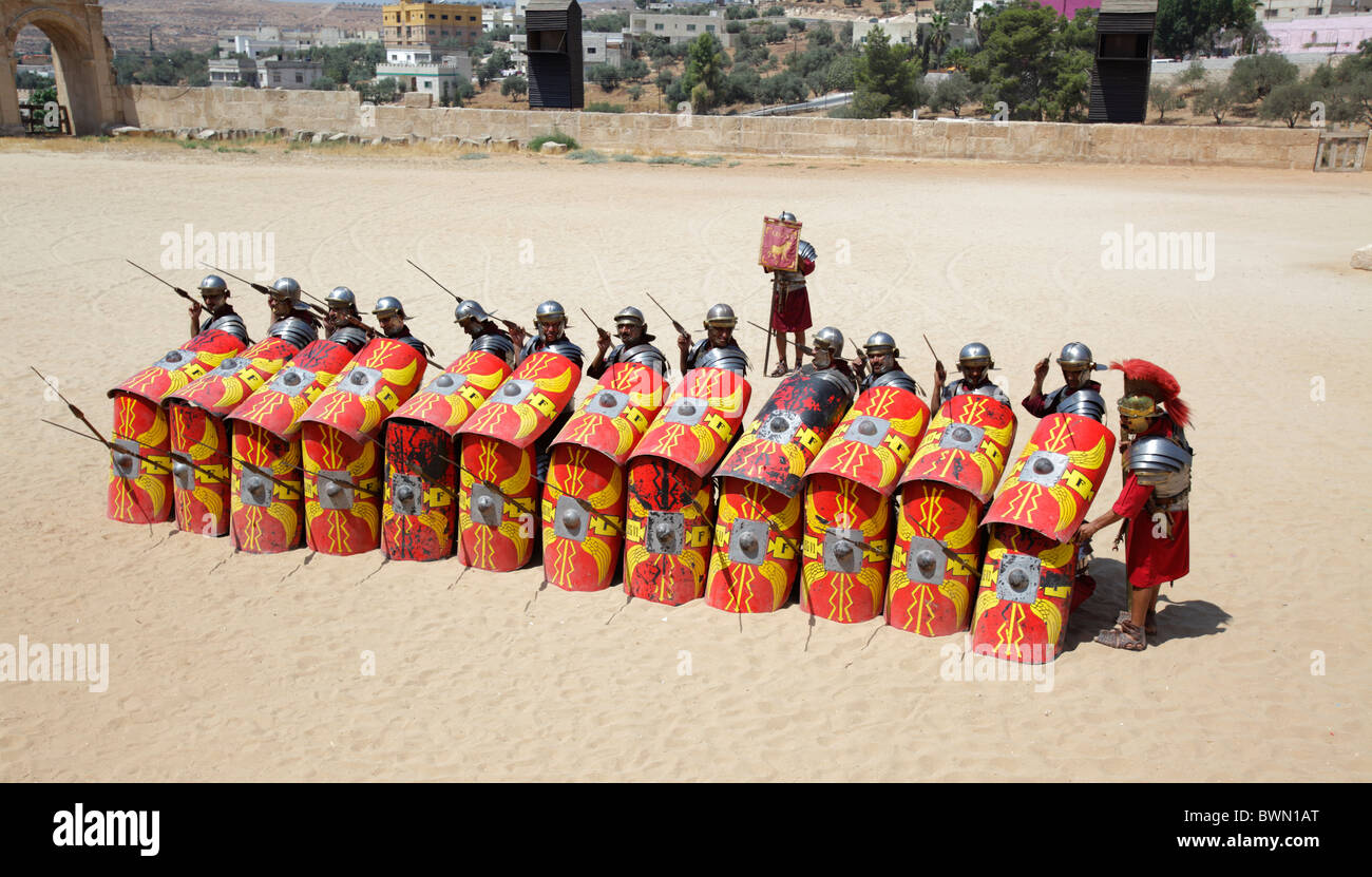 Actors playing roman legionaries soldiers in the war tactic, Jerash ...