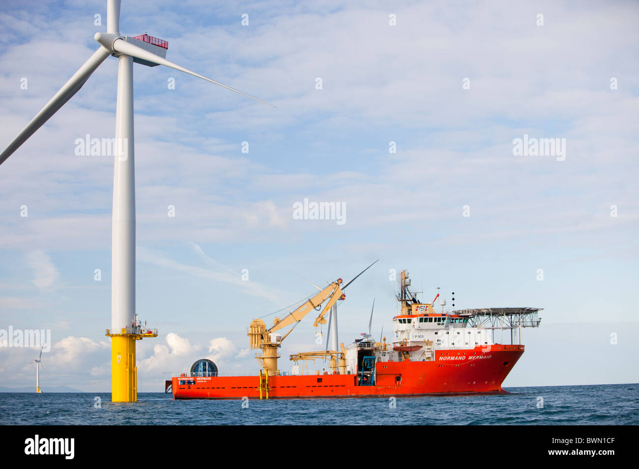 Working on installing the Walney 1 offshore wind farm off Barrow in ...