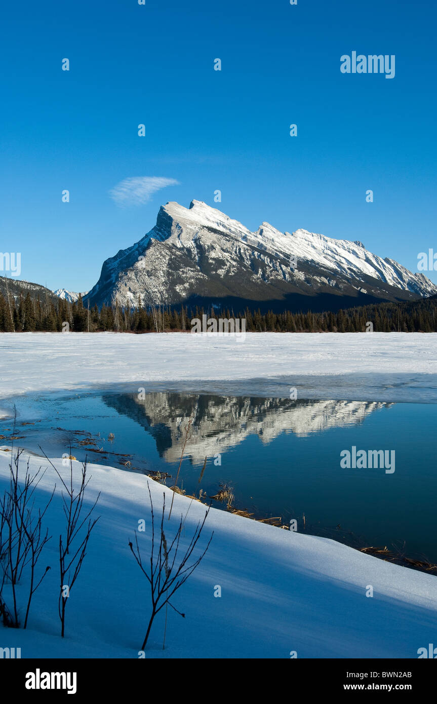 Banff, Alberta, Canada. Reflection of Rocky Mountains in Vermilion ...
