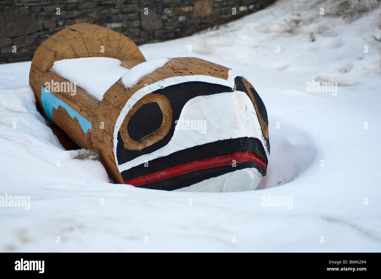 First nations carved wooden bench, Banff National Park, Banff, Alberta ...