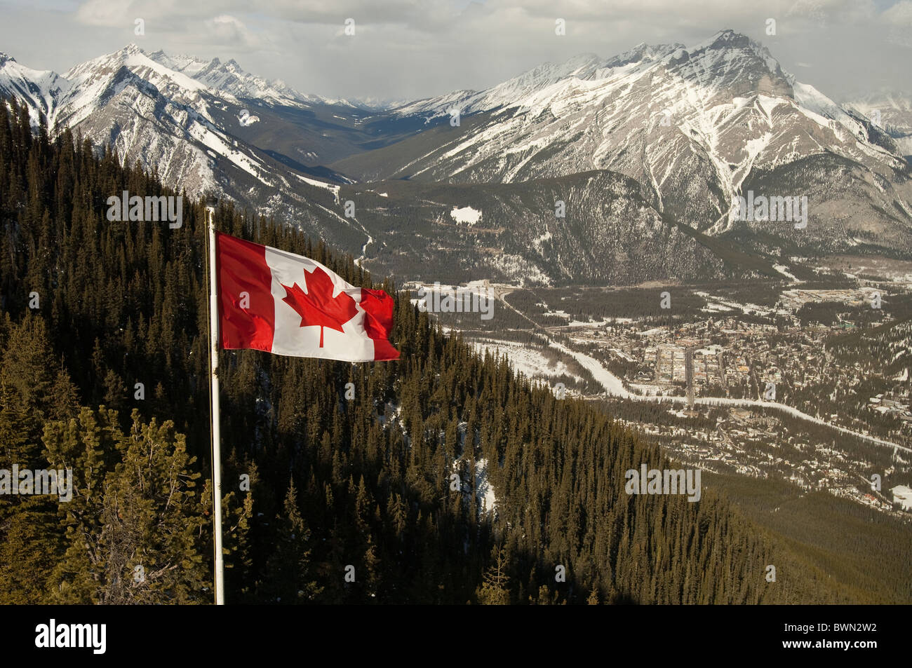 Rocky mountains banff national park canada flag hi-res stock ...