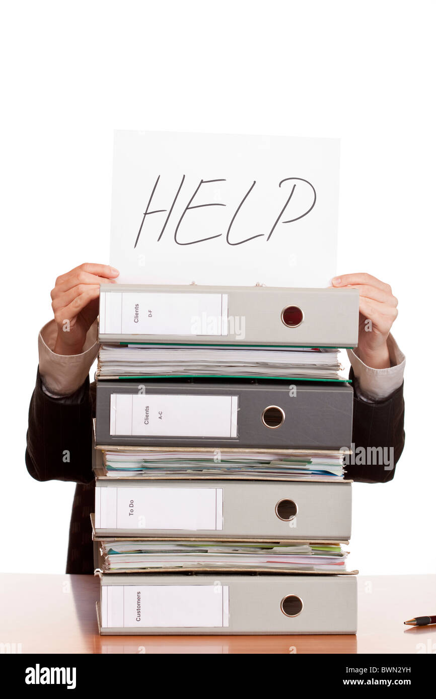 Business woman needs help to manage work. Isolated on white background ...