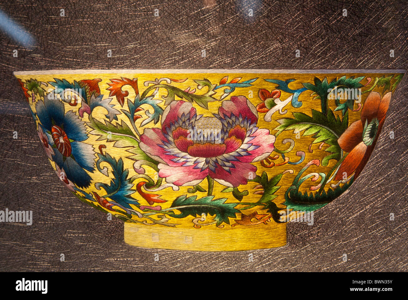 Chinese silk embroidery depicting a colourful decorative bowl, Baisha ...