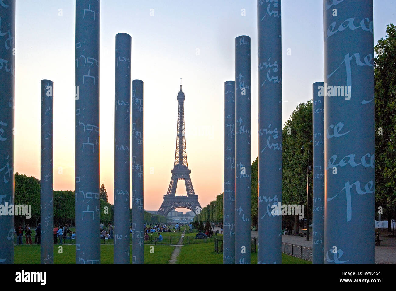 France Europe Paris city Eiffel Tower Champ de Mars square people Mur ...
