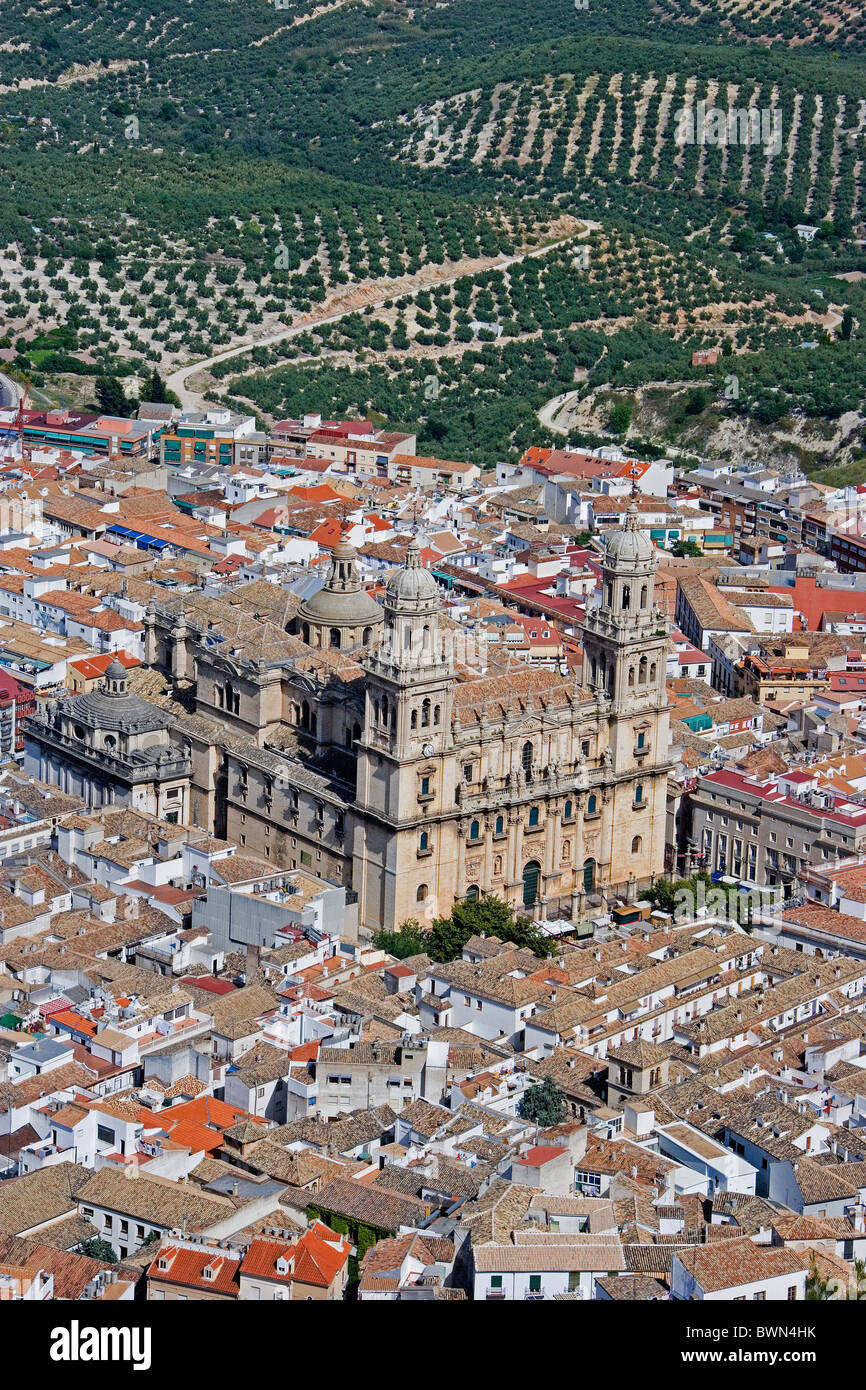 Spain Europe Andalucia Region Jaen City Cathedral old town roofs high ...