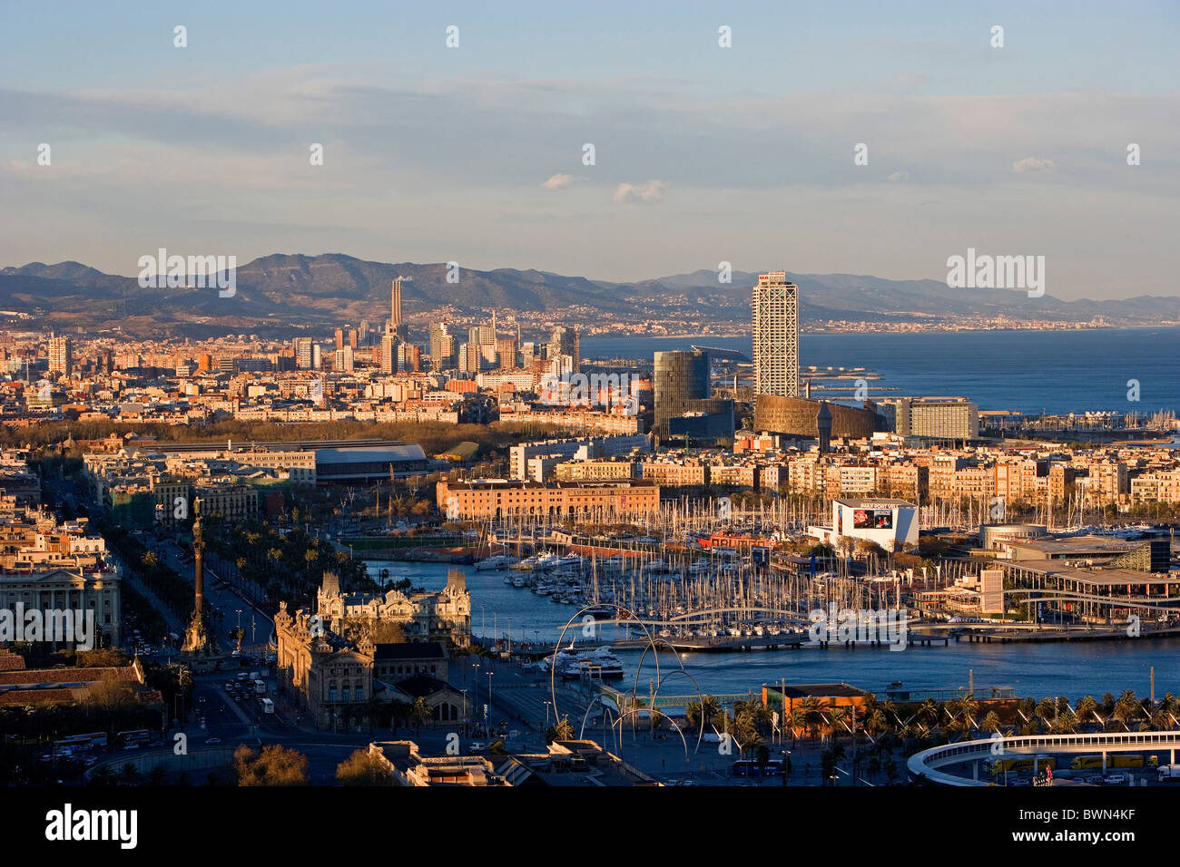Spain Europe Barcelona City overview overlook high angle town roofs ...