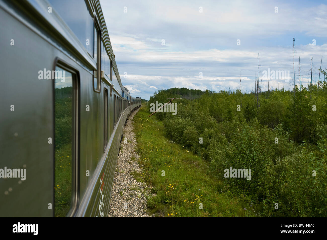 Via Rail passenger rail railway car on Winnipeg to Churchill route ...