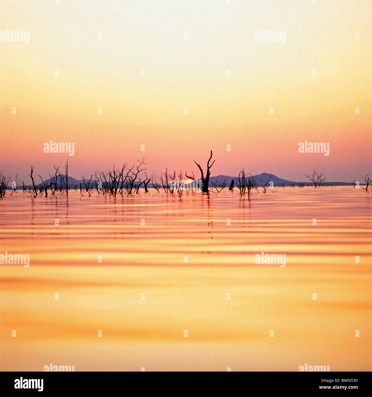 Africa Zimbabwe Lake Kariba Rhodesia sunset reservoir trees water ...