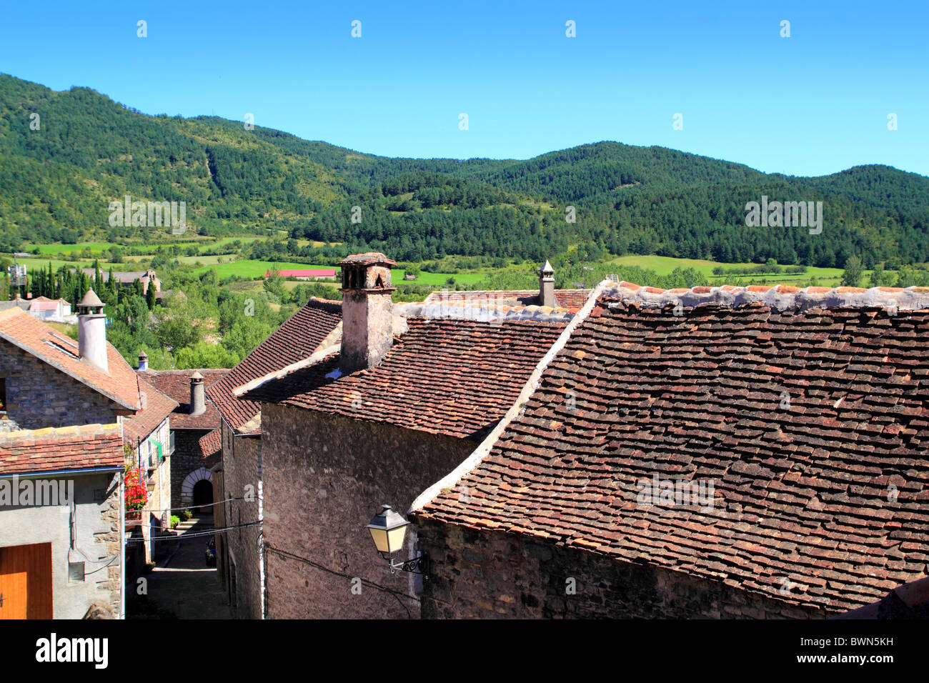 Hecho Valley Pyrenees village roof and mountains Aragon Huesca Spain ...
