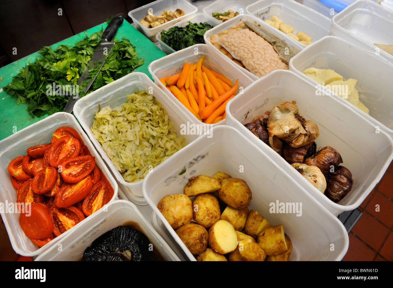Pre-prepared ingredients in a restaurant UK Stock Photo - Alamy