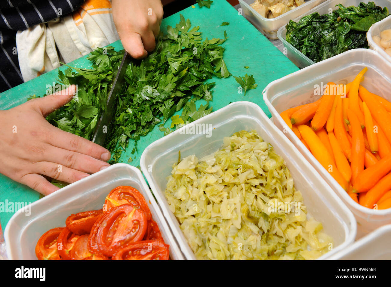 Pre-prepared ingredients in a restaurant UK Stock Photo - Alamy