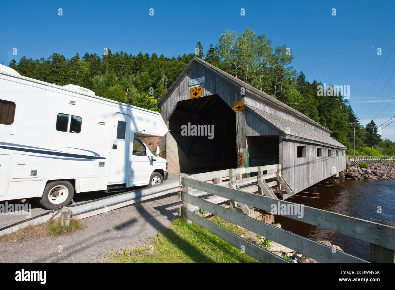 RV at Irish River covered bridge, St. Martins, New Brunswick, The ...