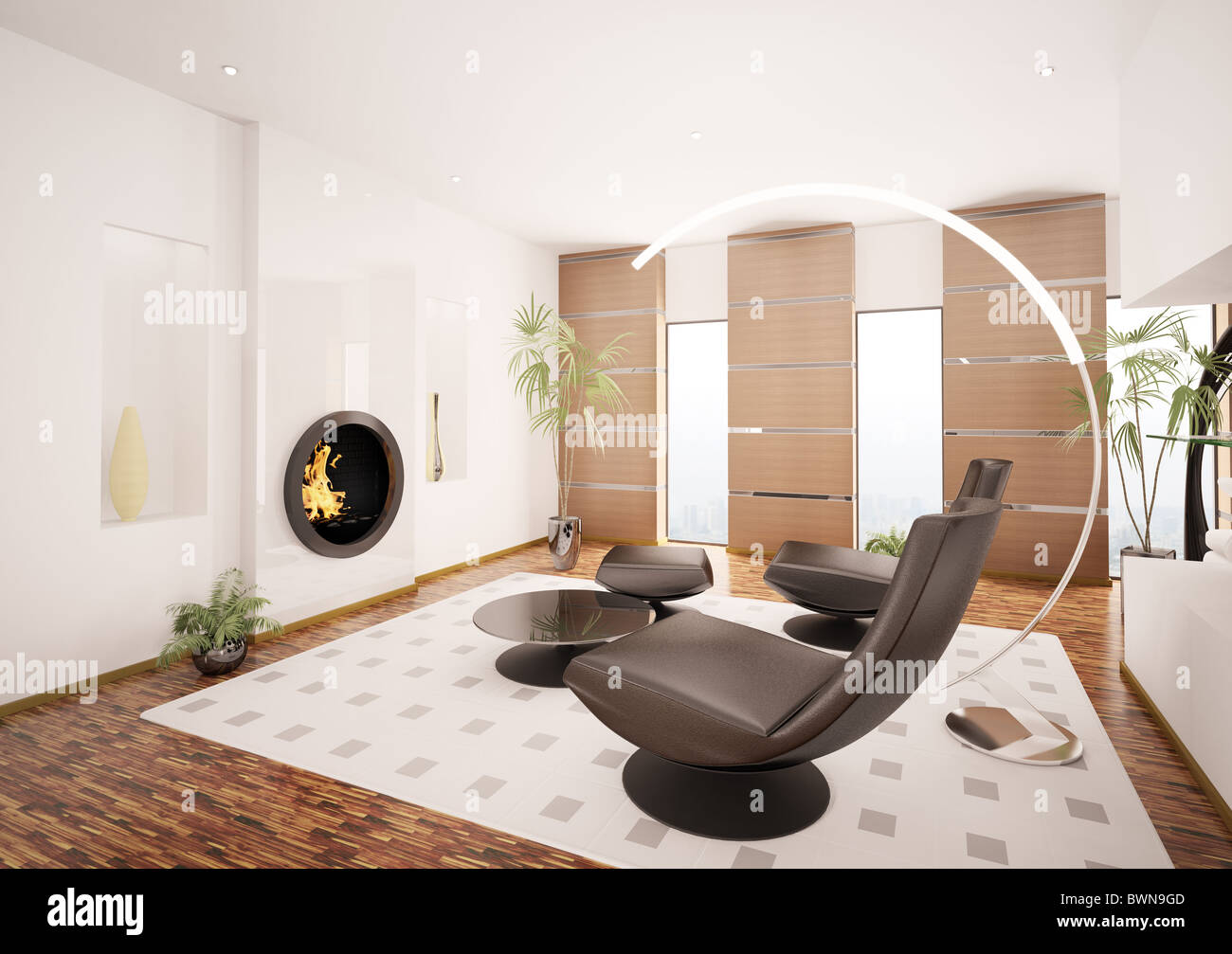 Modern interior of living room with fireplace 3d render Stock Photo - Alamy